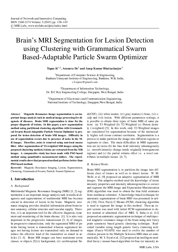 Pdf Brains Mri Segmentation For Lesion Detection Using Clustering With Grammatical Swarm