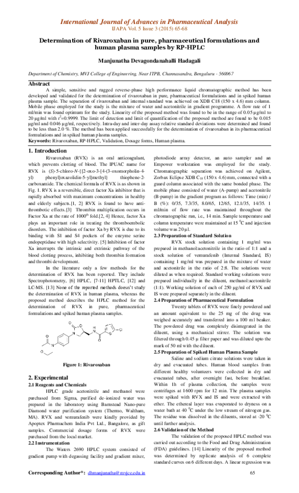 (PDF) Determination of Rivaroxaban in pure, pharmaceutical formulations and human plasma samples ...