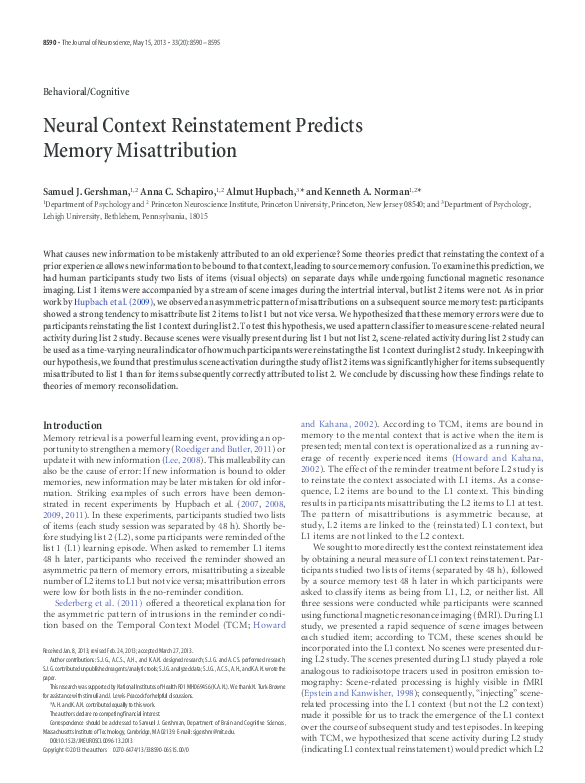(PDF) Neural Context Reinstatement Predicts Memory Misattribution