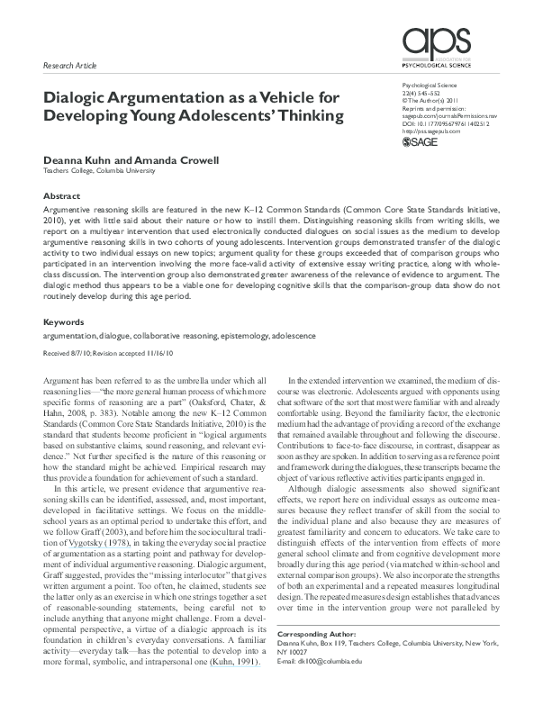 (PDF) Dialogic argumentation as a vehicle for developing young adolescents' thinking