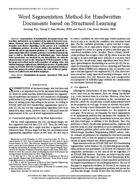 Pdf Word Segmentation Method For Handwritten Documents Based On Structured Learning