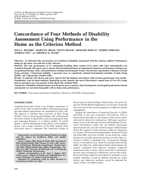 (PDF) Concordance of four methods of disability assessment using ...