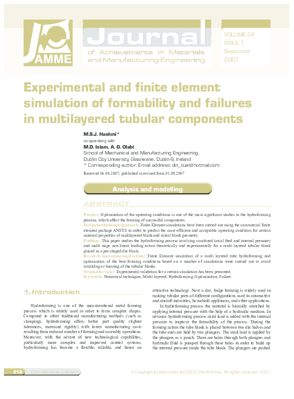 Pdf Experimental And Finite Element Simulation Of Formability And