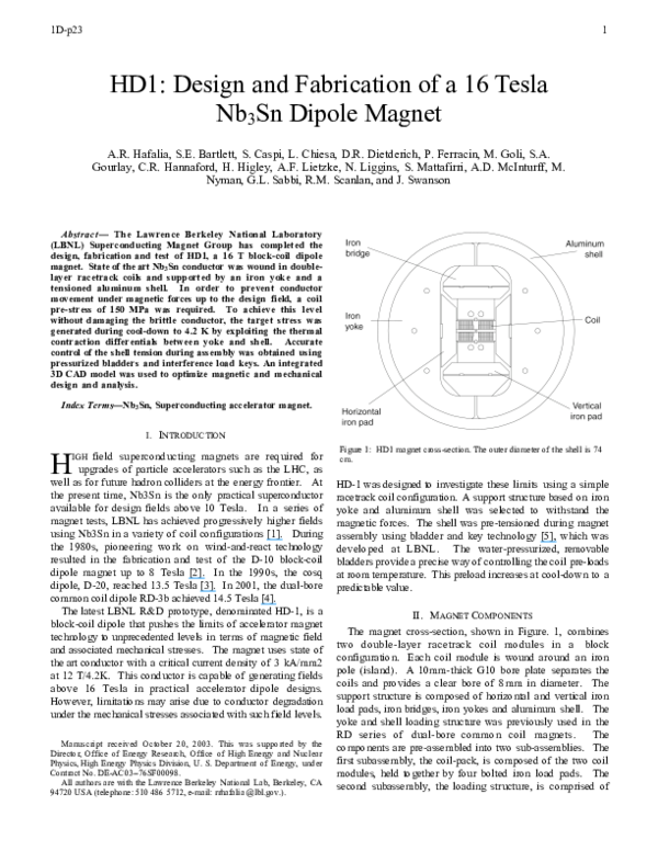 (PDF) HD1: Design and Fabrication of a 16 Tesla Nb3Sn Dipole Magnet