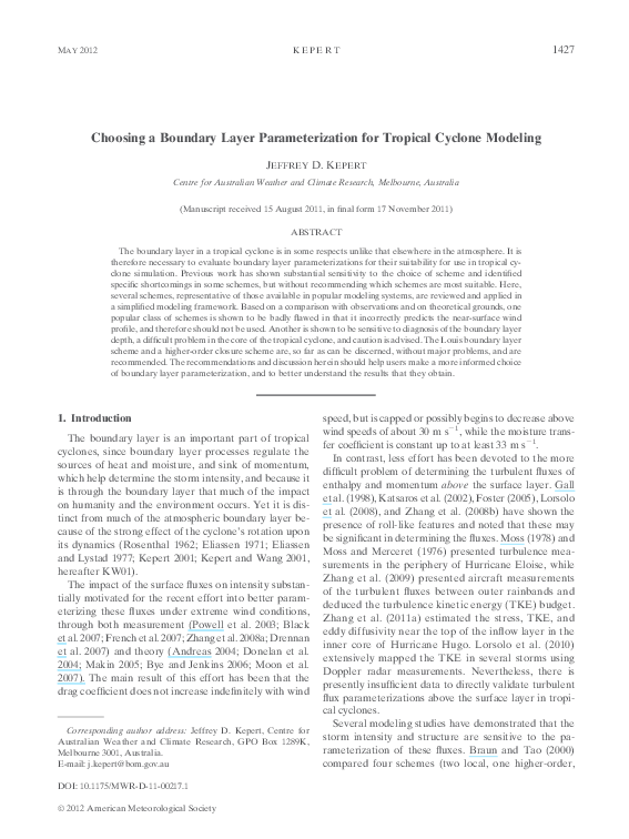 Pdf Choosing A Boundary Layer Parameterization For Tropical Cyclone