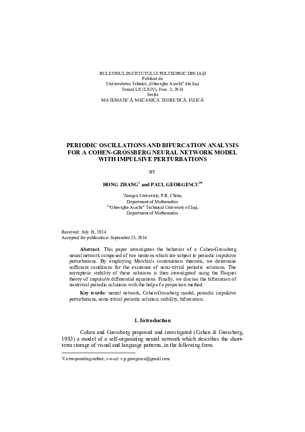 (PDF) Periodic Oscillations and Bifurcation Analysis for a Cohen-Grossberg Neural Network Model ...