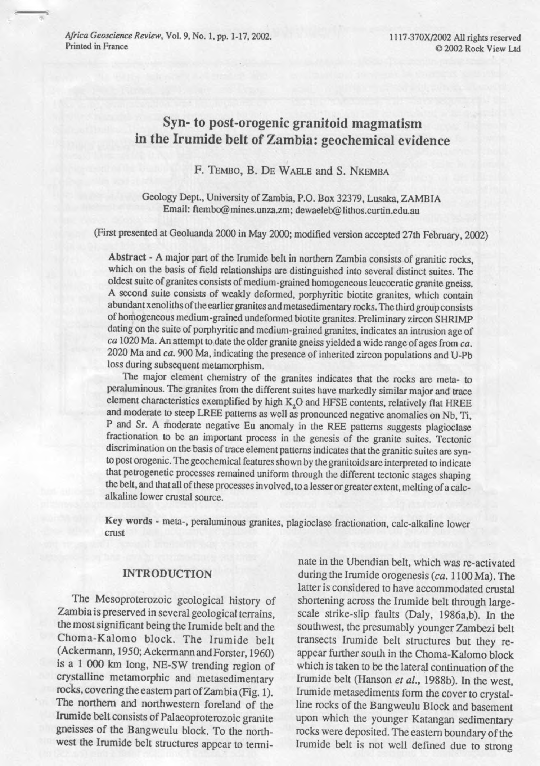 (PDF) Syn-to post-orogenic granitoid magmatism in the Irumide belt of ...