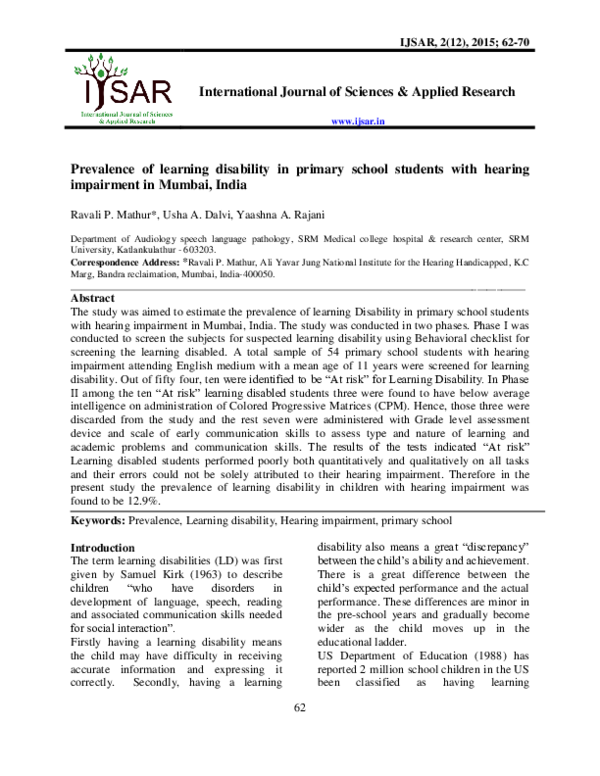 (PDF) Prevalence of learning disability in primary school students with ...