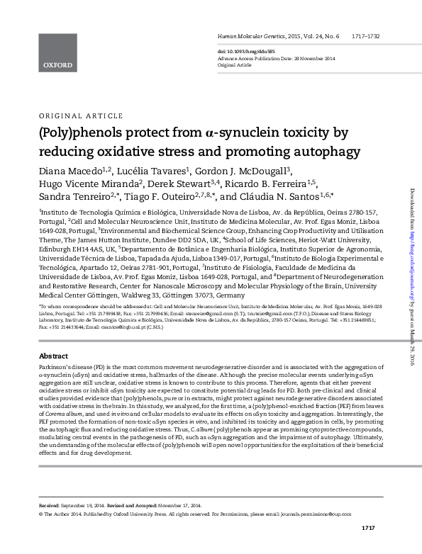 (PDF) (Poly)phenols protect from α-synuclein toxicity by reducing oxidative stress and promoting ...