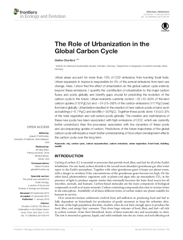 (PDF) The Role of Urbanization in the Global Carbon Cycle