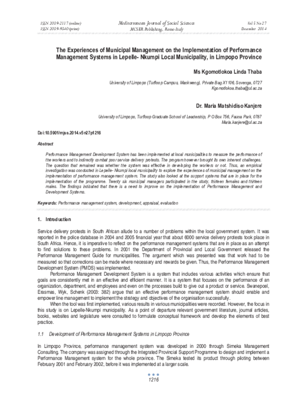 (PDF) The Experiences of Municipal Management on the Implementation of ...