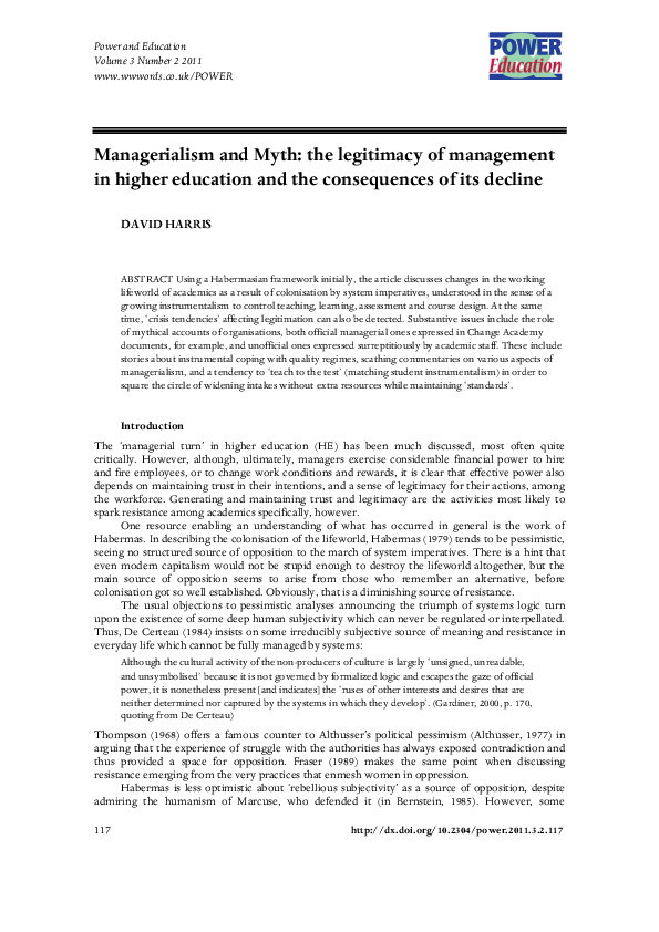 (PDF) Managerialism and Myth: the legitimacy of management in higher ...