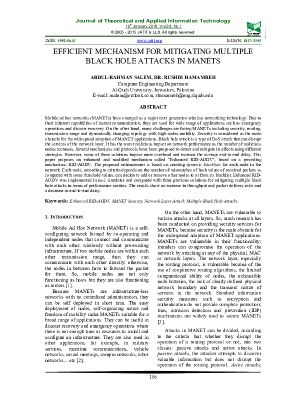 (PDF) EFFICIENT MECHANISM FOR MITIGATING MULTIPLE BLACK HOLE ATTACKS IN MANETS