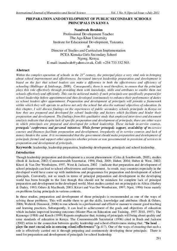 PREPARATION AND DEVELOPMENT OF PUBLIC SECONDARY SCHOOLS PRINCIPALS IN KENYA