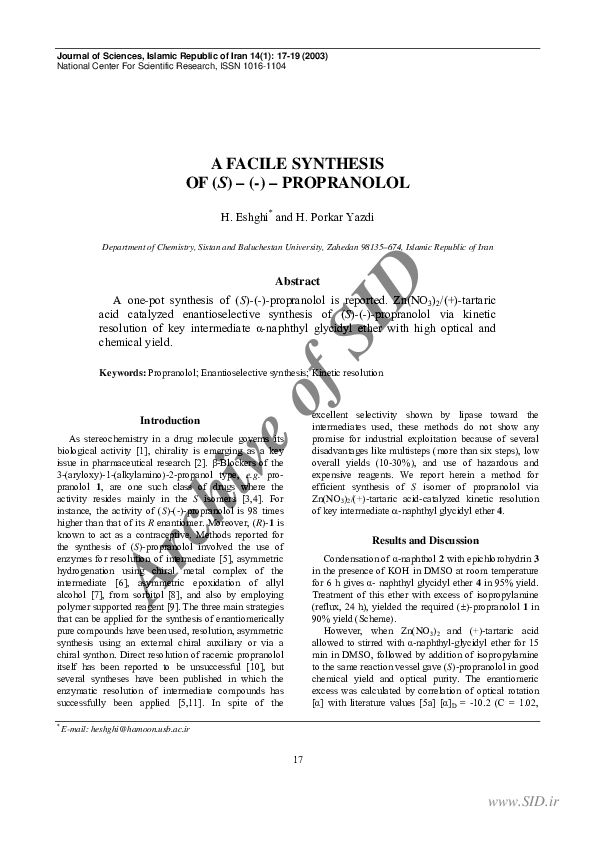 (PDF) A Facile Synthesis of (S)-(-)-Propranolol