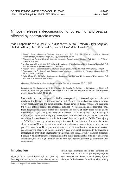 (PDF) Nitrogen release in decomposition of boreal mor and peat as ...