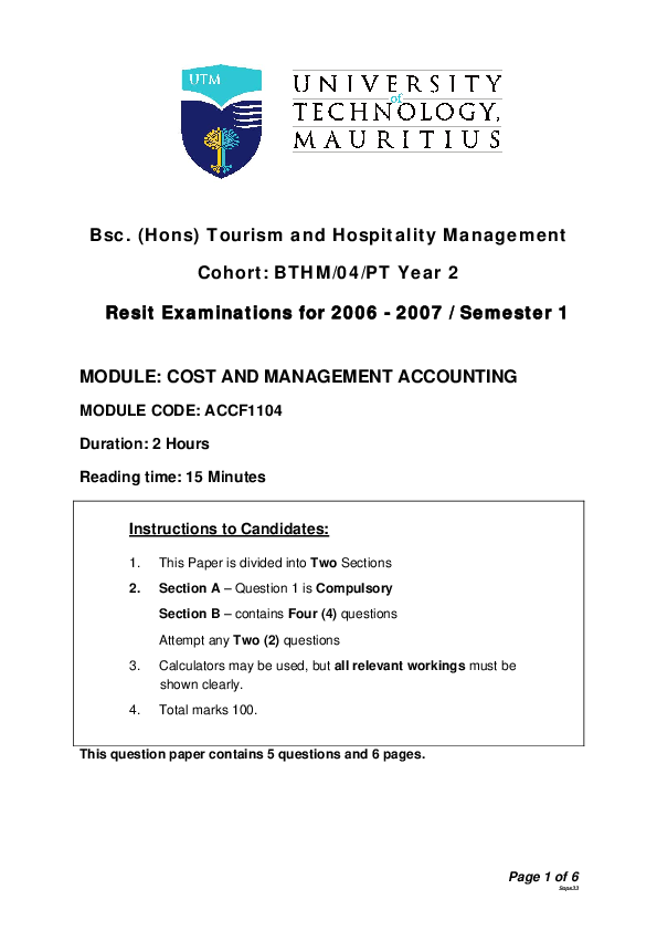 (PDF) Bsc. (Hons) Tourism and Hospitality Management MODULE: COST AND ...