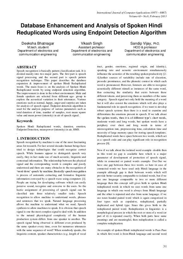 (PDF) Database Enhancement and Analysis of Spoken Hindi Reduplicated Words using Endpoint ...