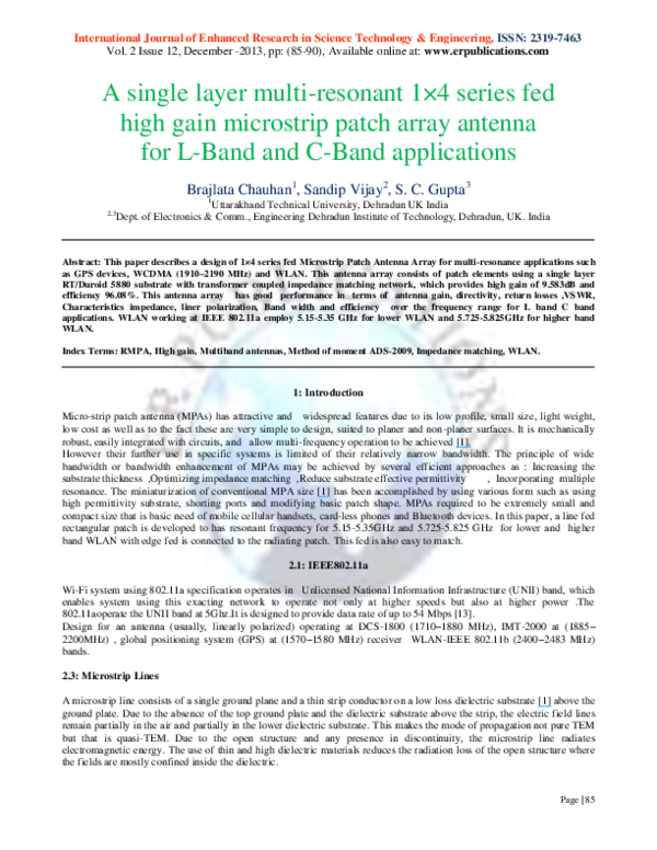 Pdf A Single Layer Multi Resonant 1×4 Series Fed High Gain Microstrip Patch Array Antenna For
