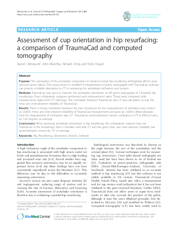 (PDF) Assessment of cup orientation in hip resurfacing: a comparison of ...