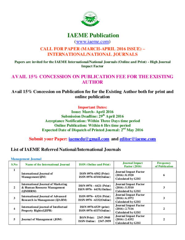 (PDF) CALL FOR PAPER (March-April 2016 ISSUE) - INTERNATIONAL/NATIONAL ...