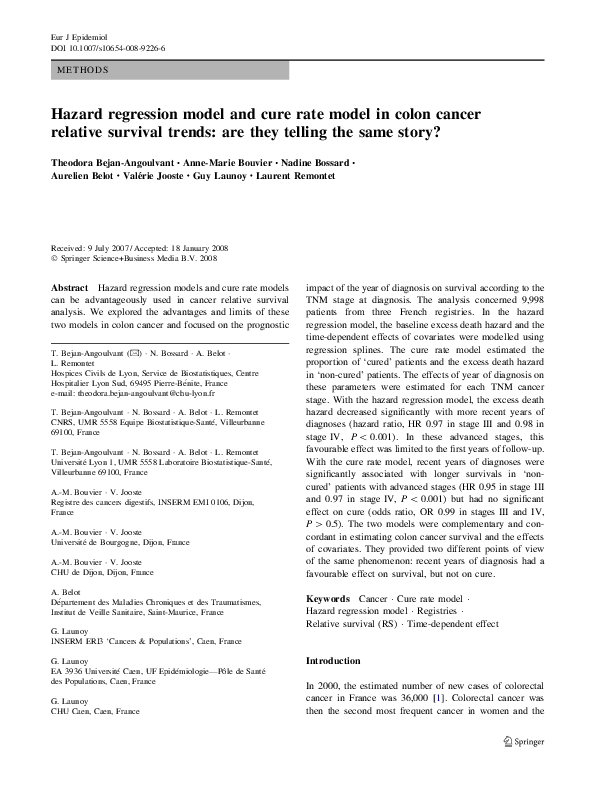 (PDF) Hazard regression model and cure rate model in colon cancer relative survival trends: are ...
