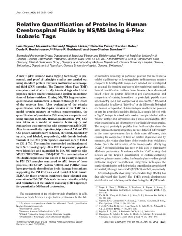 (PDF) Relative Quantification of Proteins in Human Cerebrospinal Fluids by MS/MS Using 6-Plex ...