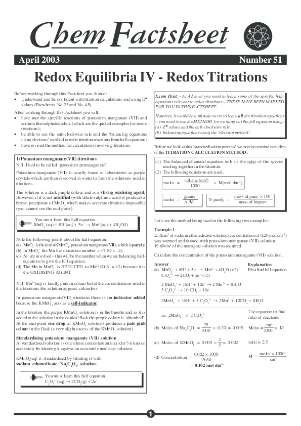 (PDF) Redox Equilibria IV -Redox Titrations C hem F actsheet