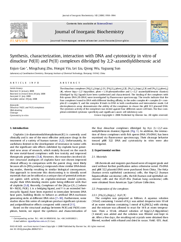 (PDF) Synthesis, characterization, interaction with DNA and cytotoxicity of Pd(ii) and Pt(ii ...