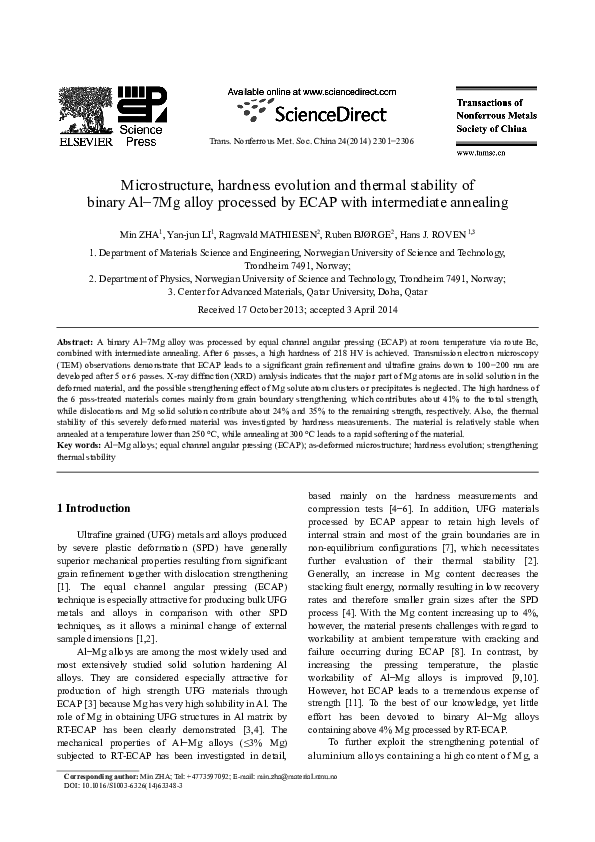(PDF) Microstructure, hardness evolution and thermal stability of binary Al-7Mg alloy processed ...