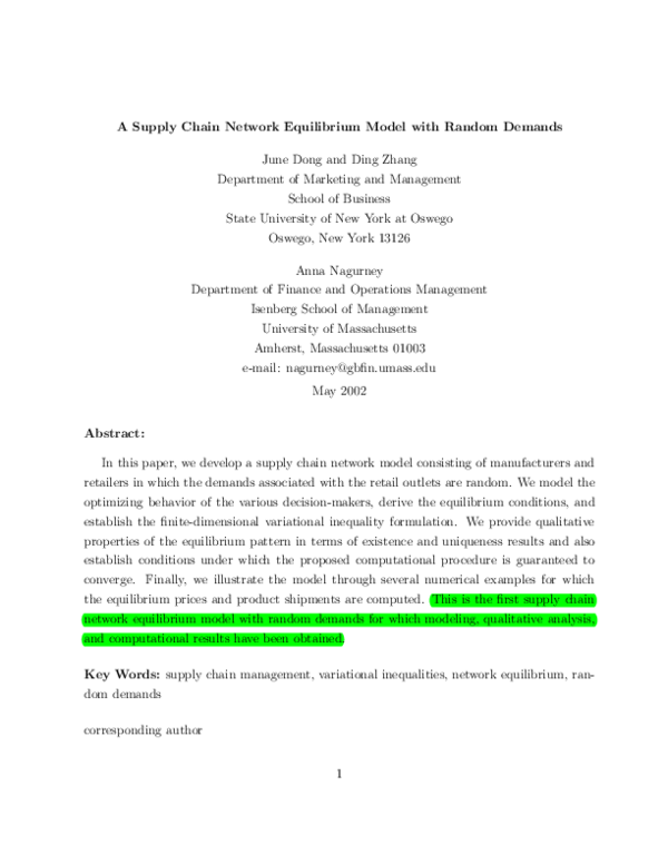 (PDF) A Supply Chain Network Equilibrium Model with Random Demands