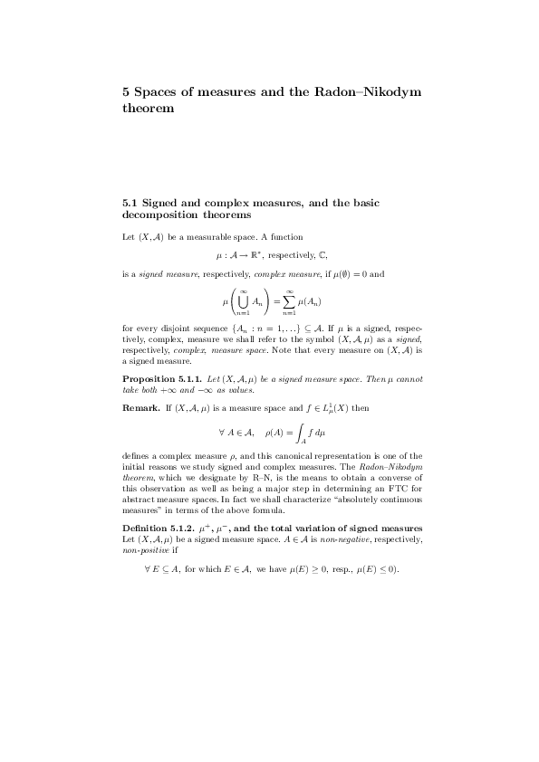 Pdf 5 Spaces Of Measures And The Radon Nikodym Theorem 5 1 Signed And Complex Measures And