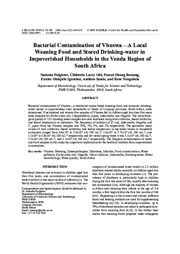 (PDF) Bacterial contamination of Vhuswa--a local weaning food and ...
