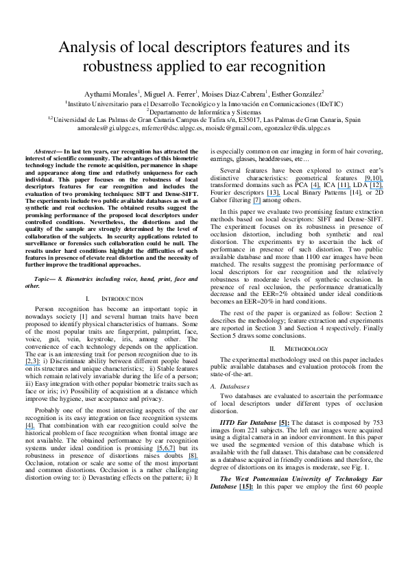 (PDF) Analysis of local descriptors features and its robustness applied to ear recognition