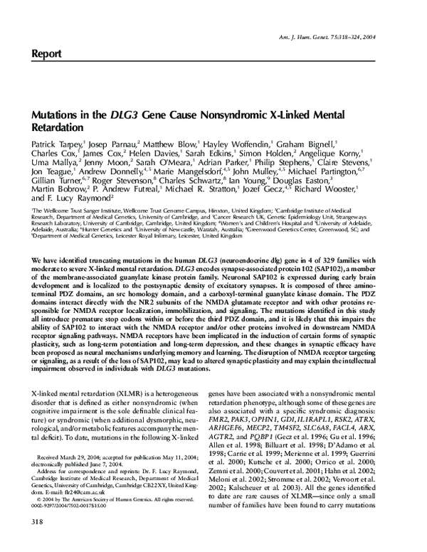 (PDF) Mutations in the DLG3 Gene Cause Nonsyndromic X-Linked Mental ...