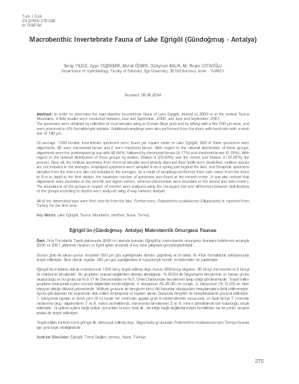 (PDF) Macrobenthic Invertebrate Fauna of Lake Eğrigöl (Gündoğmuş-Antalya)
