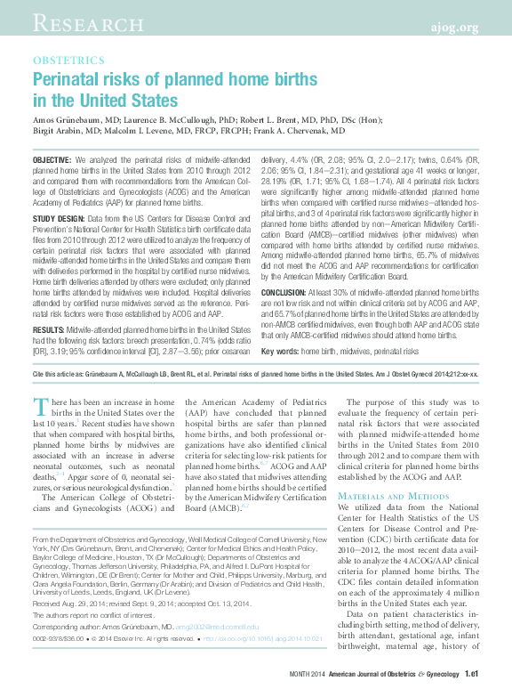 (PDF) Perinatal Risks of Planned Home Births in the United States ...