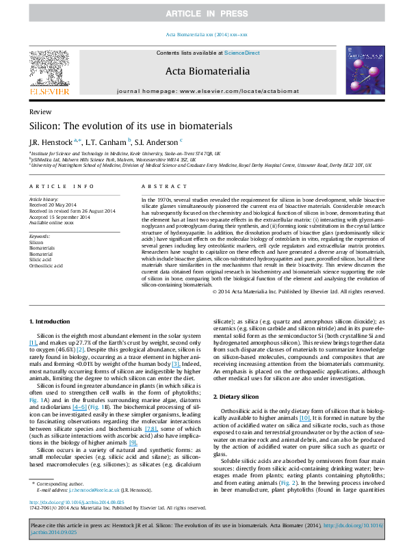 (PDF) Silicon: the evolution of its use in biomaterials