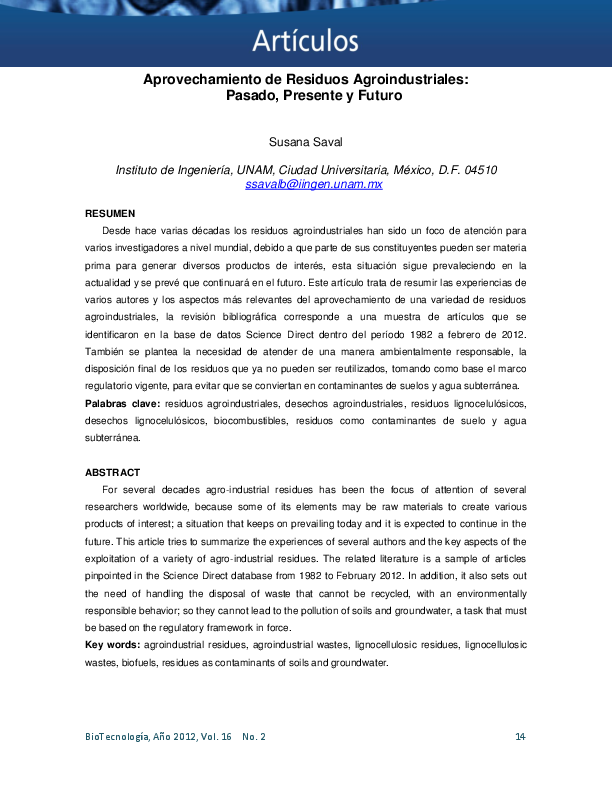 (PDF) Aprovechamiento de Residuos Agroindustriales: Pasado, Presente y Futuro