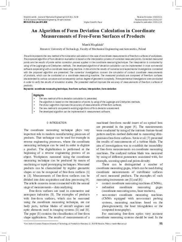 Pdf An Algorithm Of Form Deviation Calculation In Coordinate Measurements Of Free Form