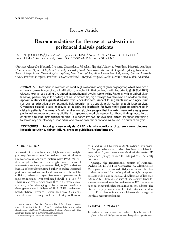 (PDF) Recommendations for the use of icodextrin in peritoneal dialysis ...