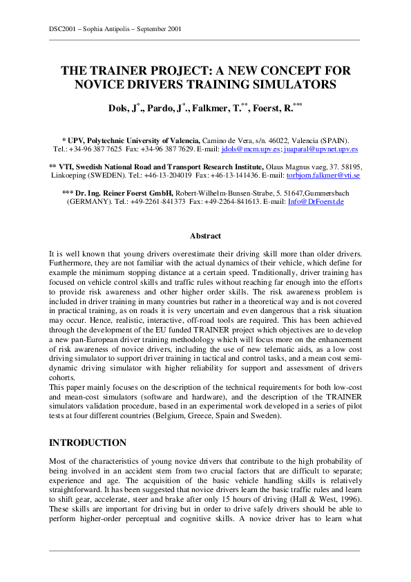 (PDF) The TRAINER project: a new concept for novice drivers training ...