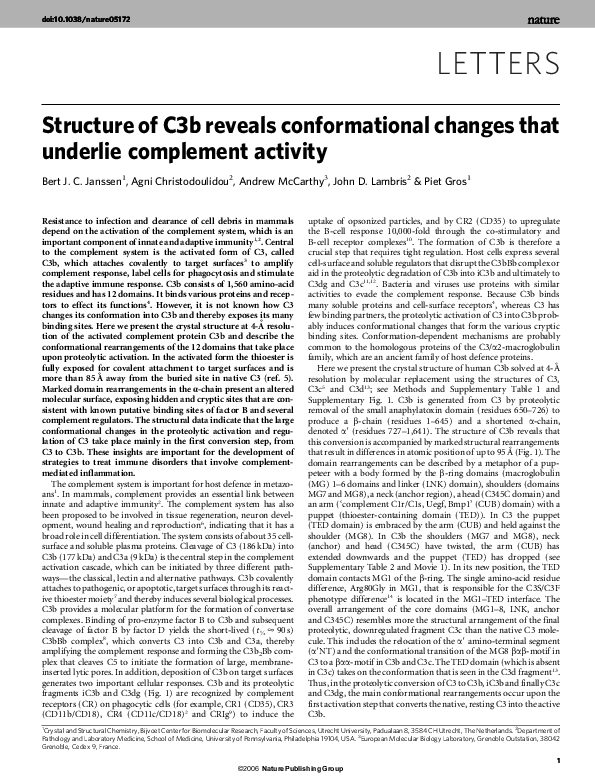 (PDF) Structure of C3b reveals conformational changes that underlie complement activity
