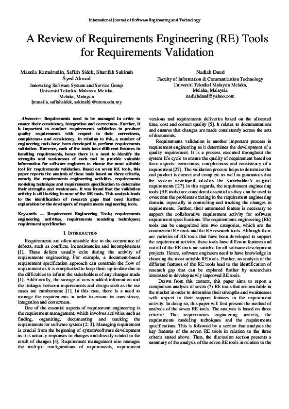 (PDF) A Review of Requirements Engineering (RE) Tools for Requirements Validation