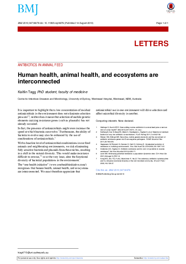(PDF) Human health, animal health, and ecosystems are interconnected