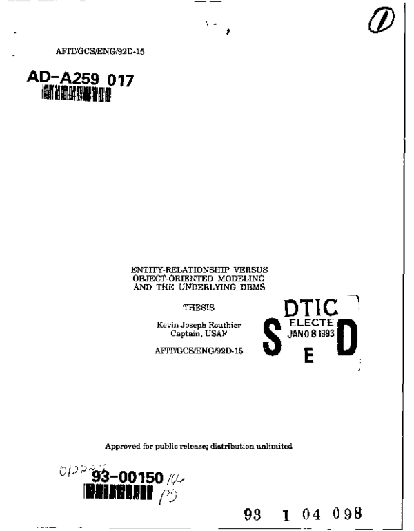 Pdf Ad A259 017 Entity Relationship Versus Object Oriented Modeling And The Underlying Dbms