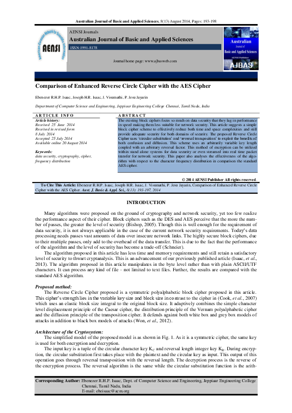 (PDF) Comparison of Enhanced Reverse Circle Cipher with the AES Cipher