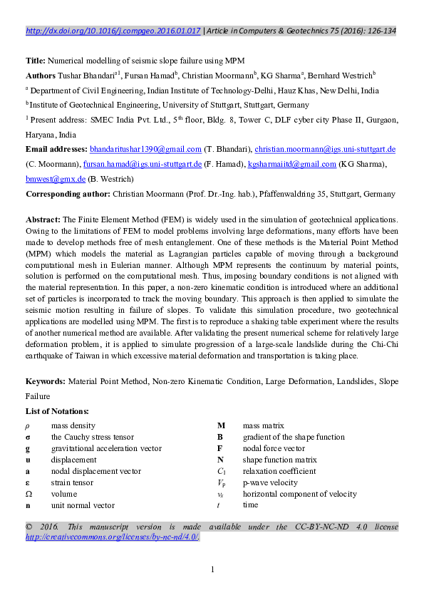 (PDF) Numerical modelling of seismic slope failure using MPM