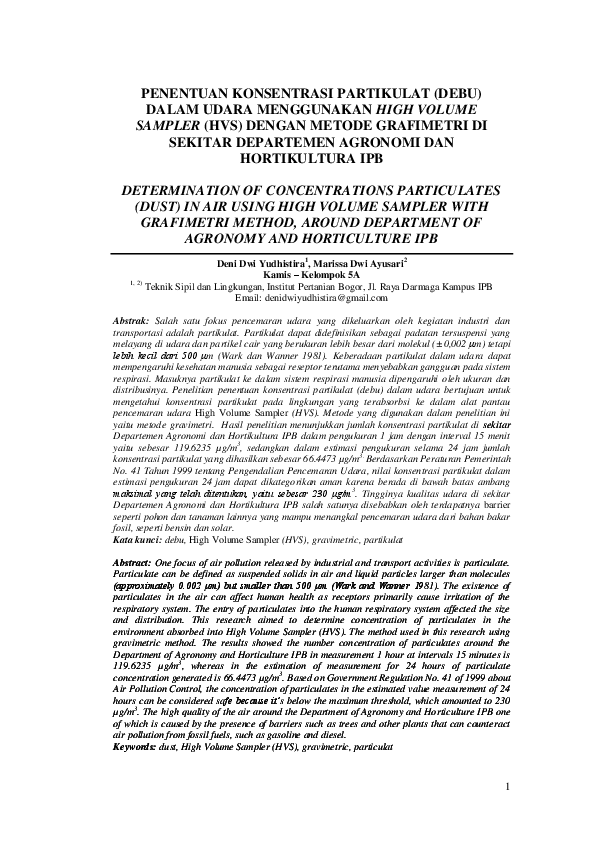 (PDF) PENENTUAN KONSENTRASI PARTIKULAT (DEBU) DALAM UDARA MENGGUNAKAN ...