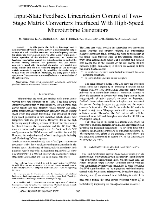 (PDF) Input-State Feedback Linearization Control of Two-Stage Matrix Converters Interfaced With ...